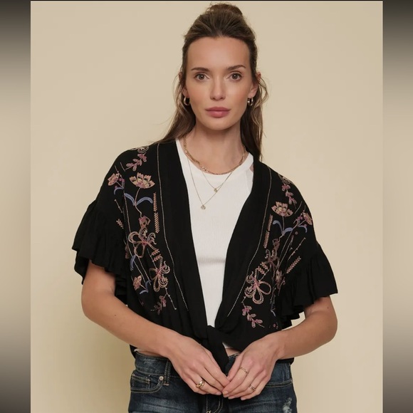 Mystree | Tops | 68 Kimono Embroidered Ruffle Sleeve Top Tie Front ...